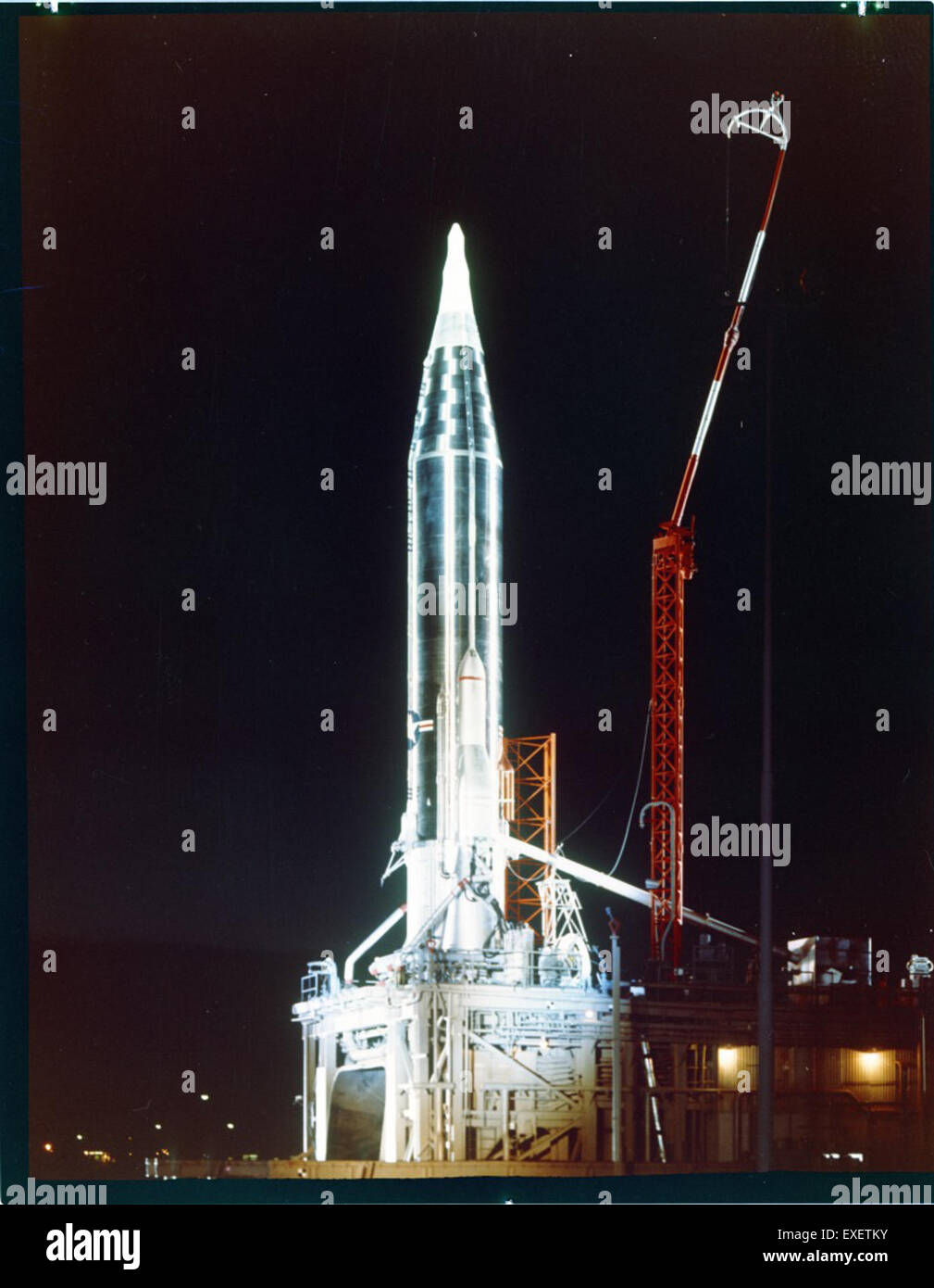 This image shows an Atlas missile on its launch pad, part of early ...