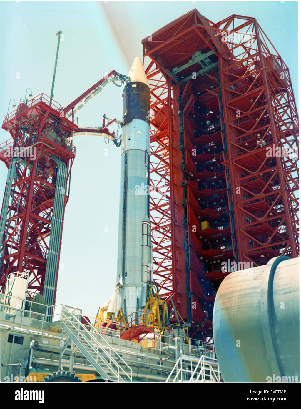 The Atlas-Centaur rocket is pictured on its launch pad on July 13, 1961 ...