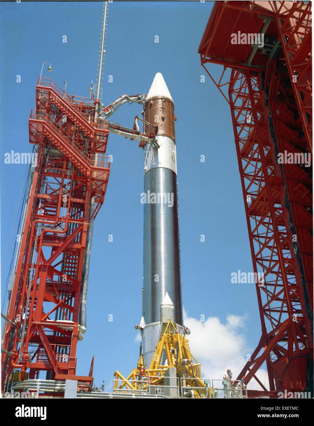 This image shows the Atlas-Centaur rocket on the launch pad ...