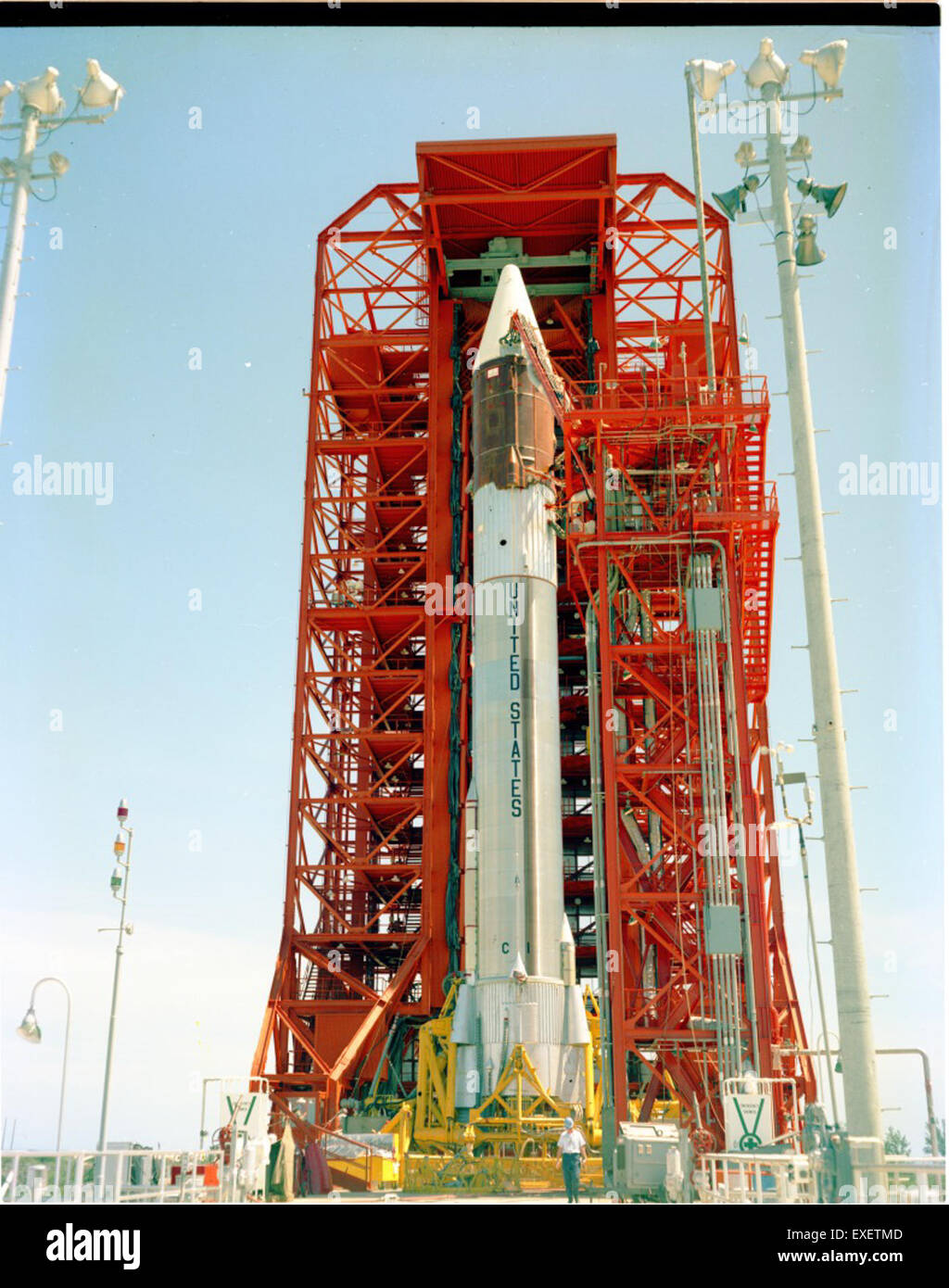 This image shows the Atlas-Centaur rocket on its launch pad, with the ...