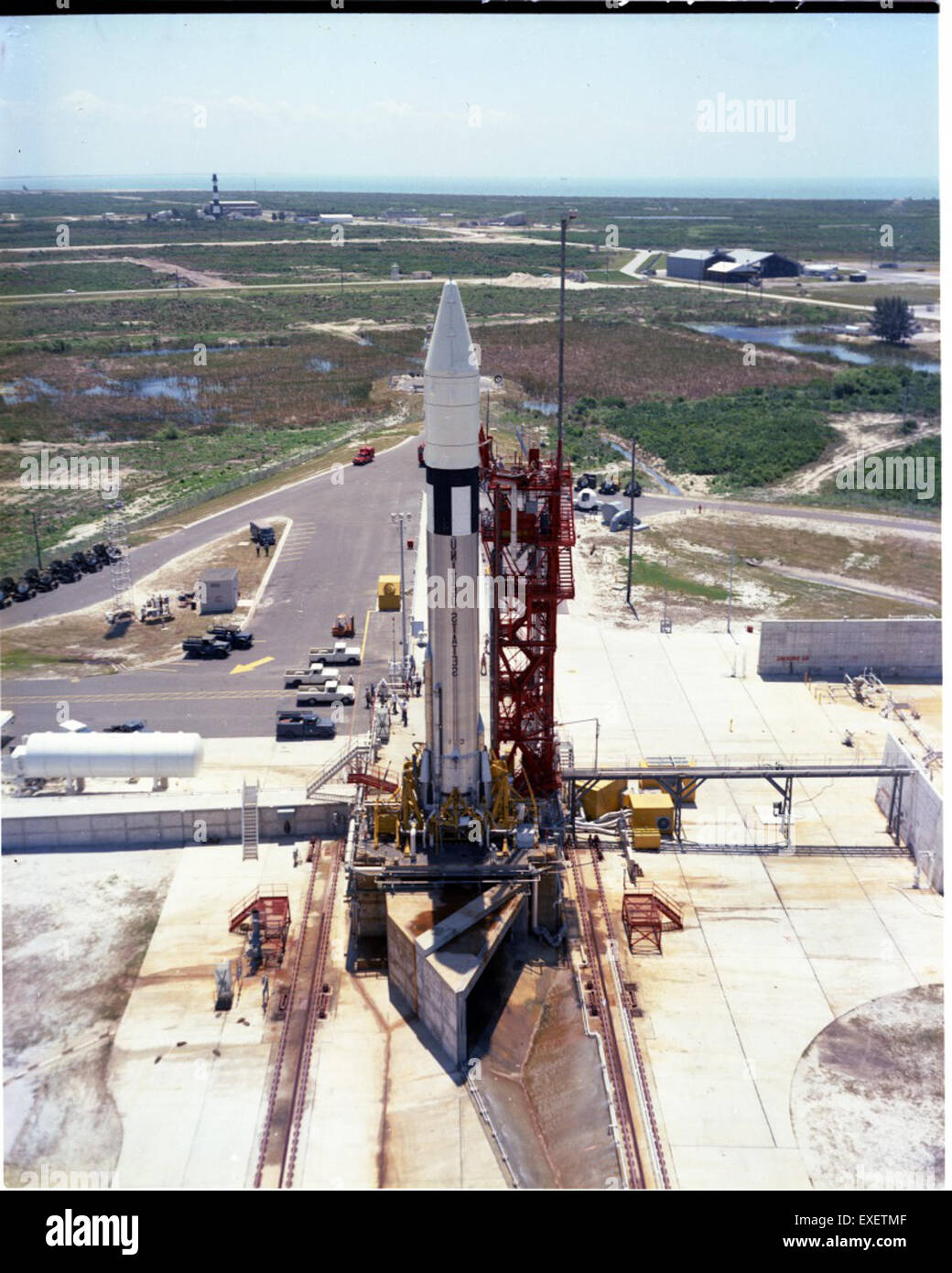 This image shows the Atlas-Centaur rocket on Pad 36 during prelaunch ...