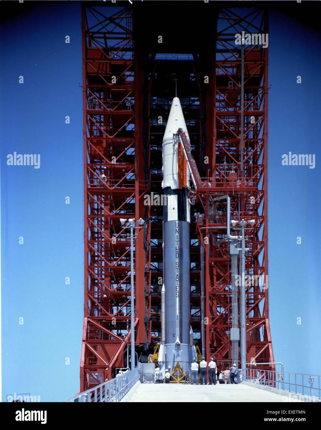 This image showcases the Atlas-Centaur rocket on its launch pad. The ...