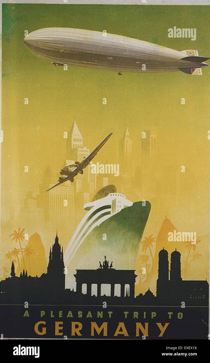 This is a promotional poster for a German Zeppelin airship, showcasing ...
