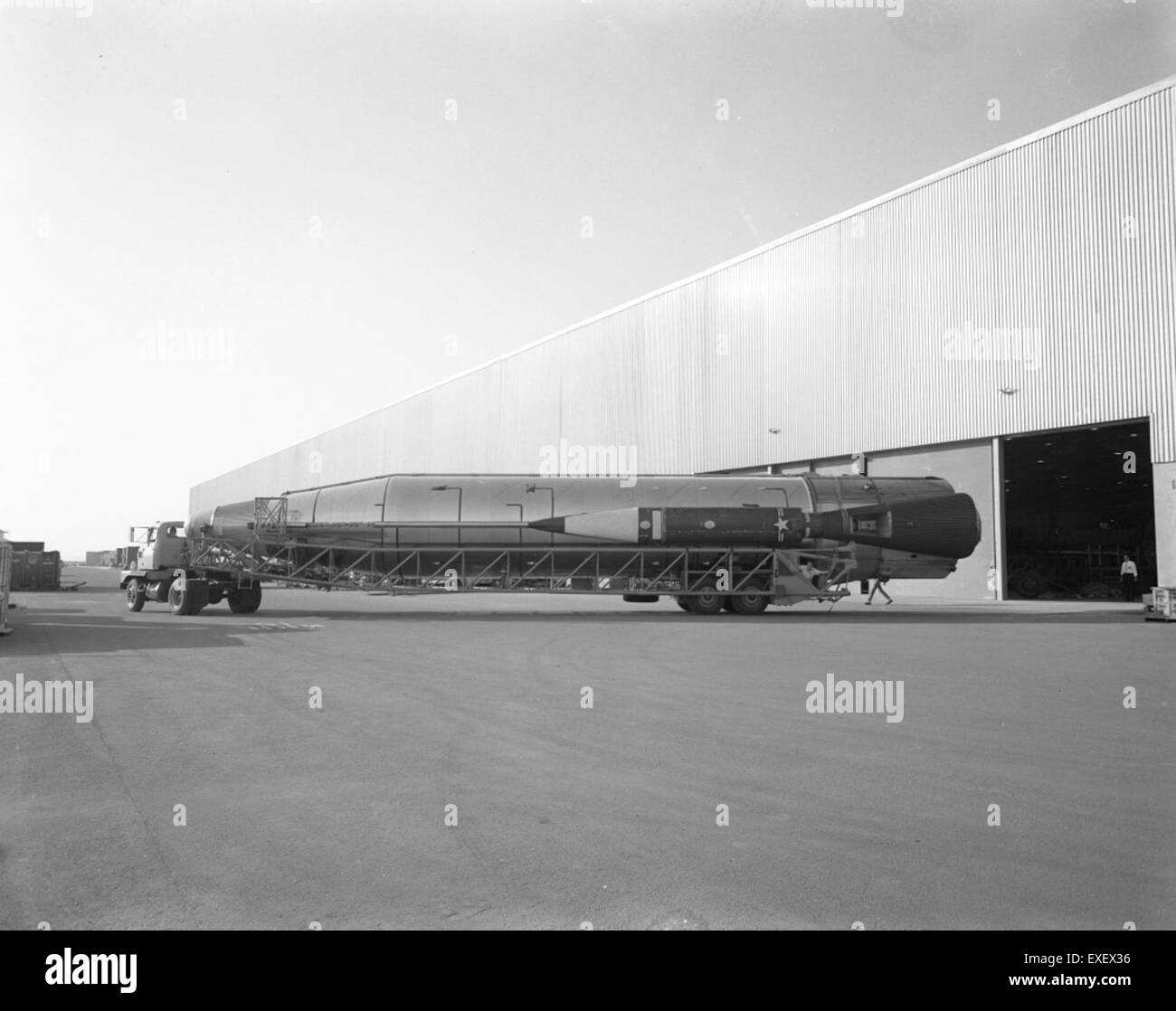 This image shows the Atlas 14A missile leaving Building 5 unshrouded on ...