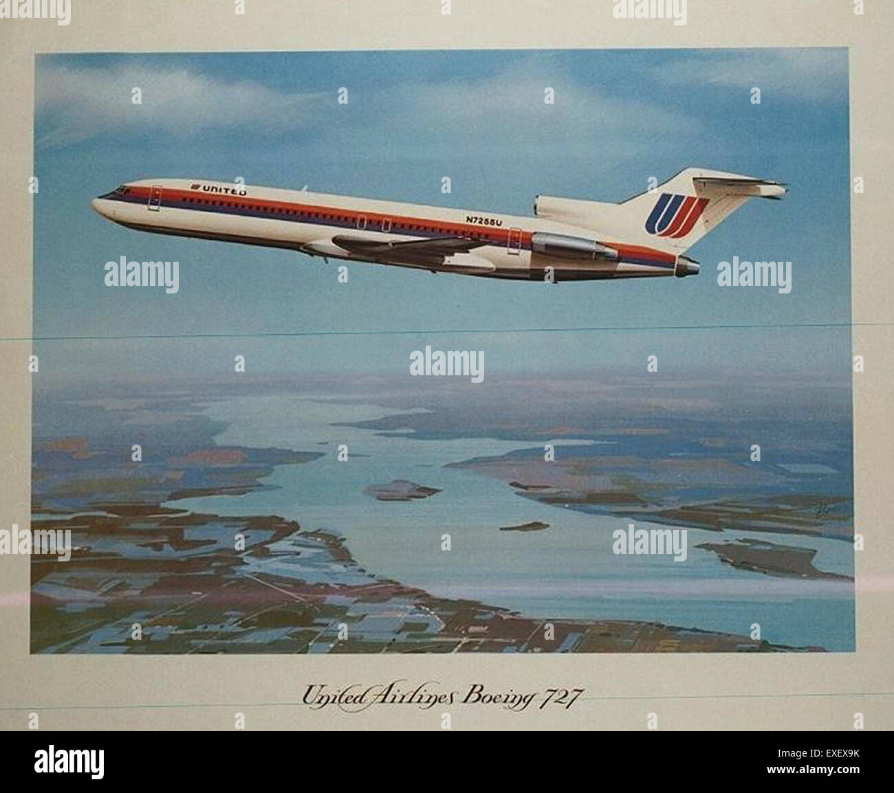 This poster features a United Airlines Boeing 727, showcasing the ...