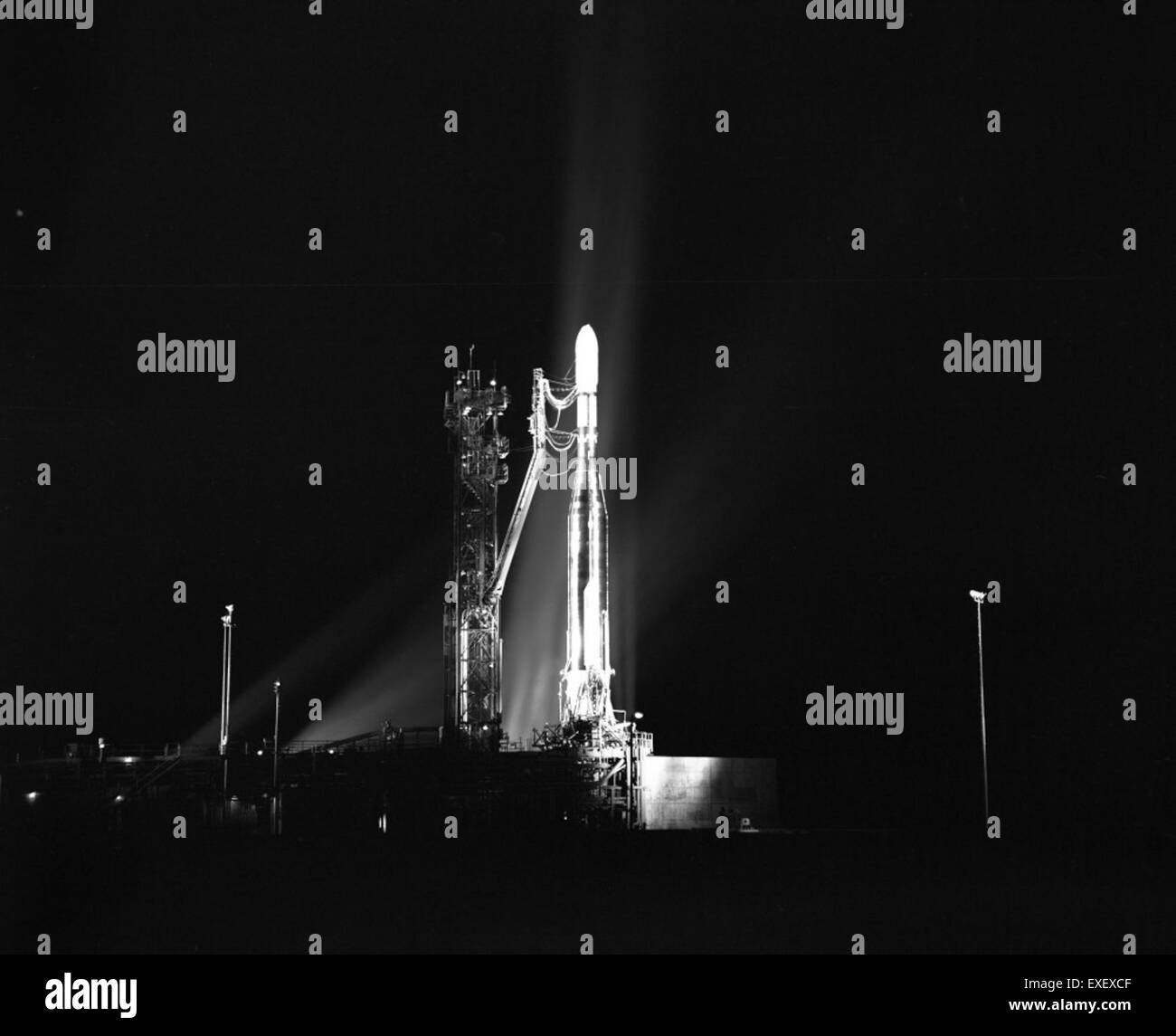 This photograph shows the Atlas-Agena rocket on Pad 13 during its ...