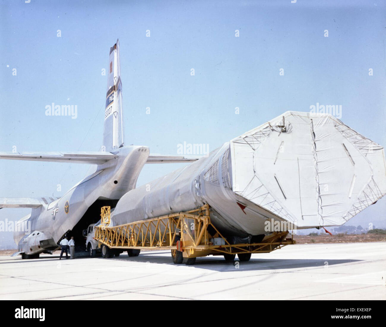 The C-133A, a military transport aircraft, is pictured preparing to ...