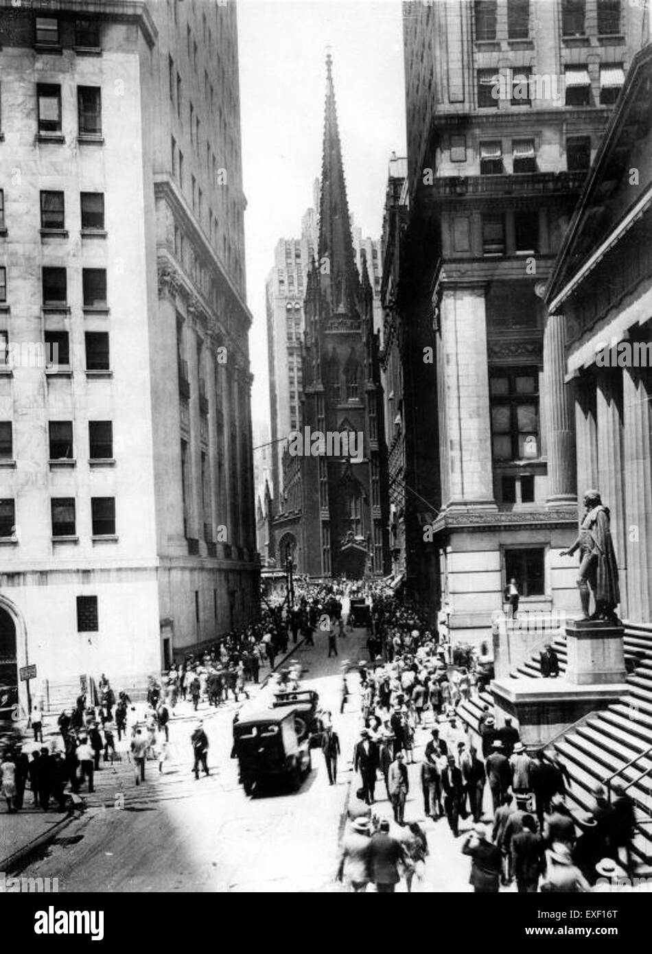 A vintage view of Wall Street captures the bustling financial district ...