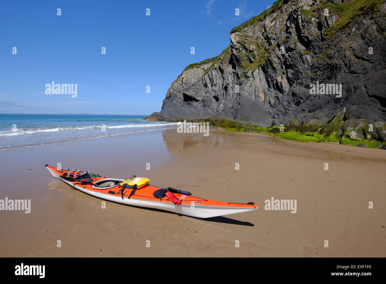 Sea kayak on Musselwick Sands, Pembrokeshire Coast National Park, close ...