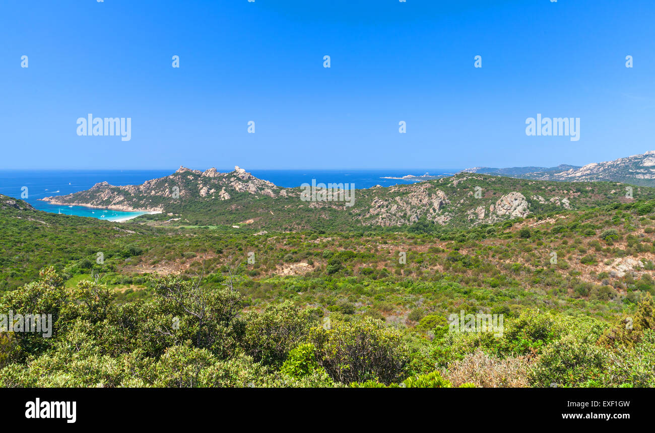 Corsica island, coastal landscape with mountains and beach ...