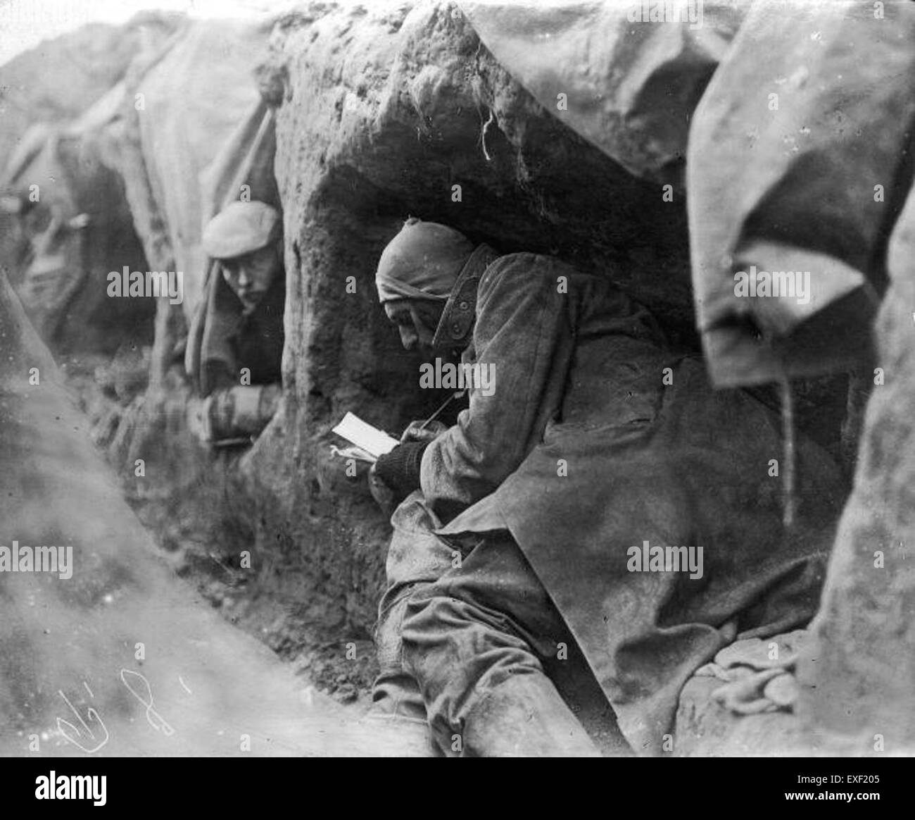 This image depicts soldiers in the trenches of World War I, also known ...