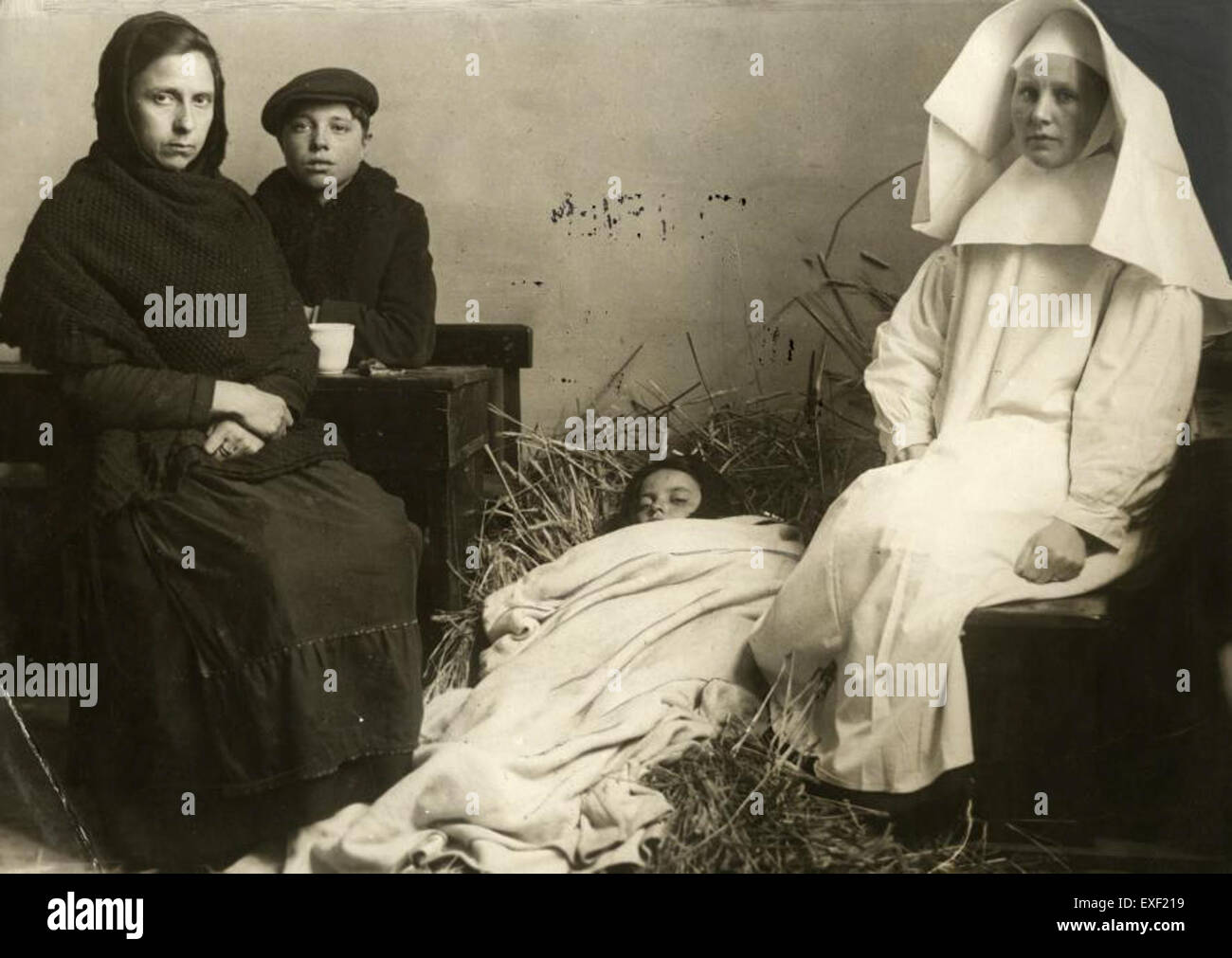 This historical image depicts refugees from World War I, emphasizing ...