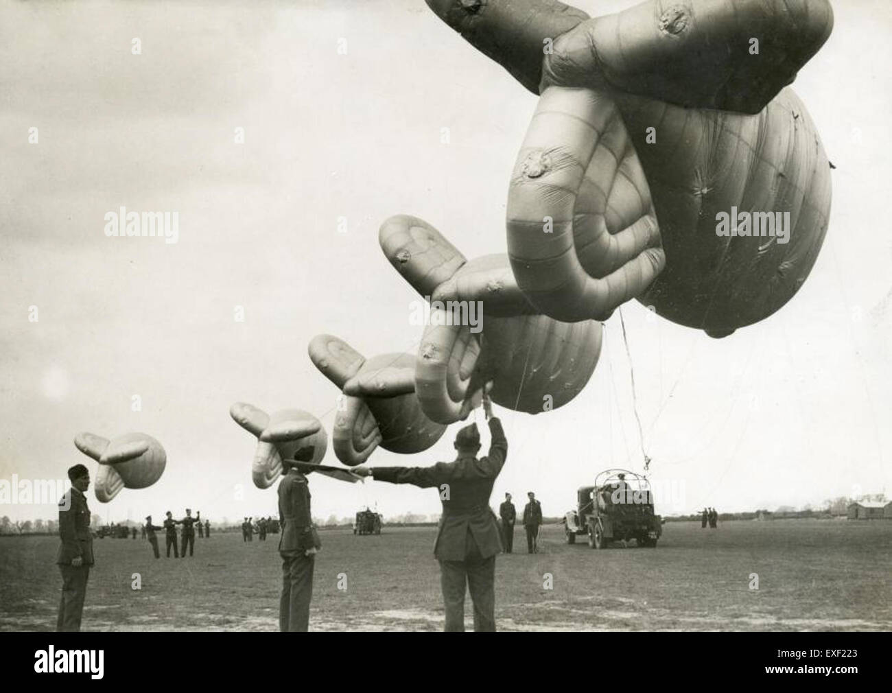 A photograph of English military balloons, used during wartime for ...