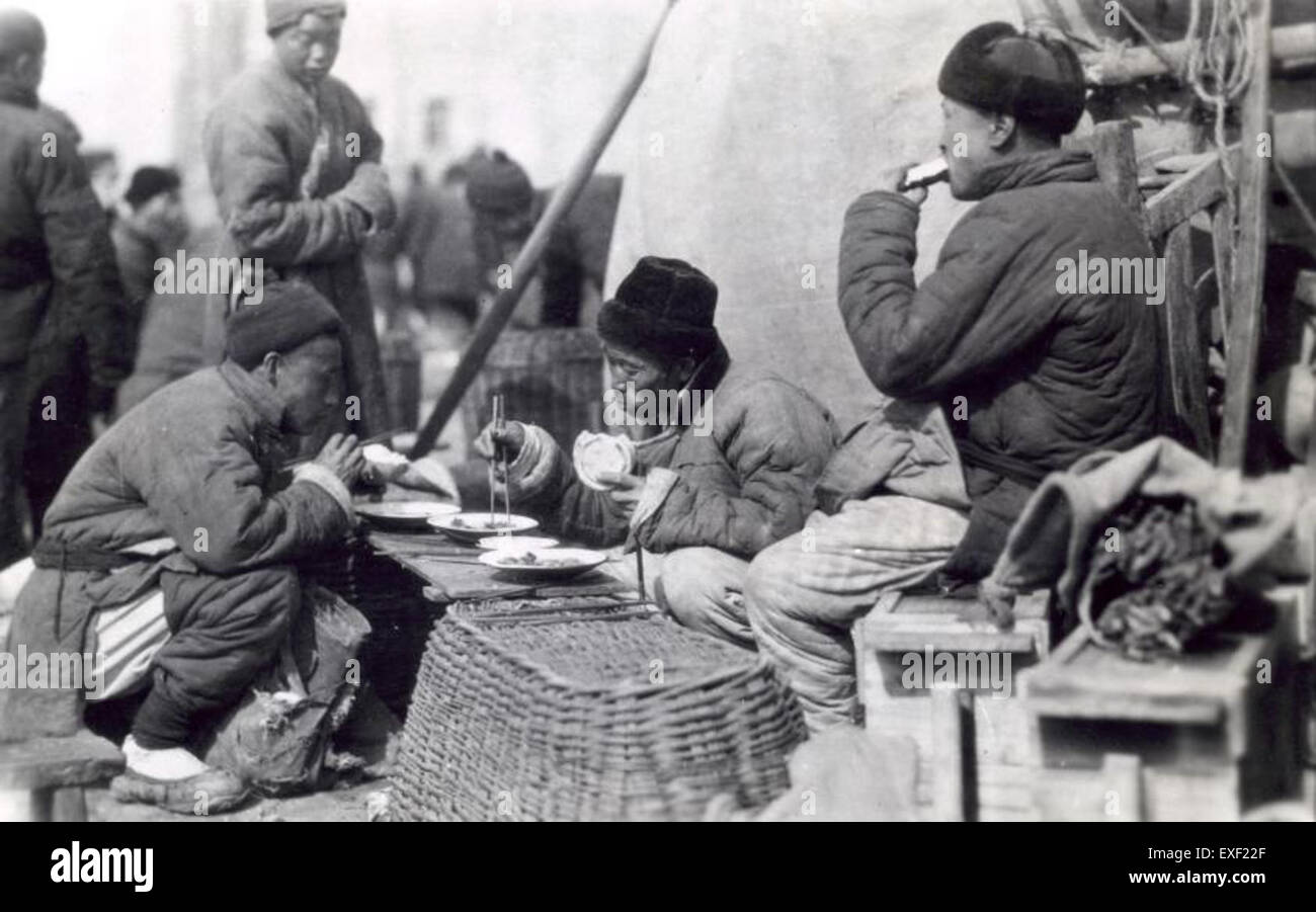 This artwork shows a scene of Chinese individuals eating with ...