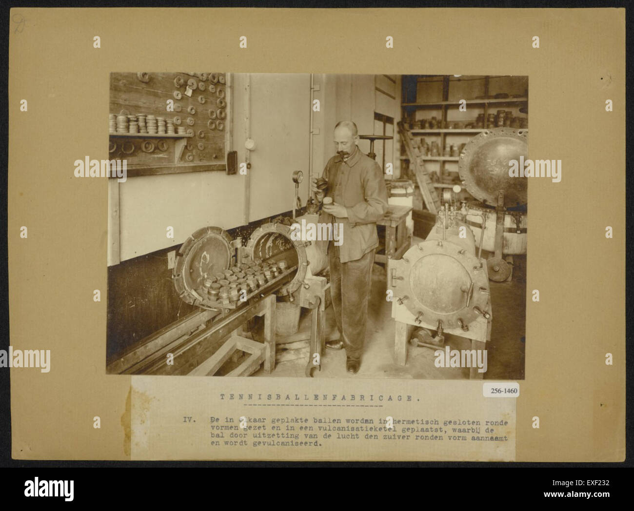 This historical image shows the manufacturing process of tennis balls ...