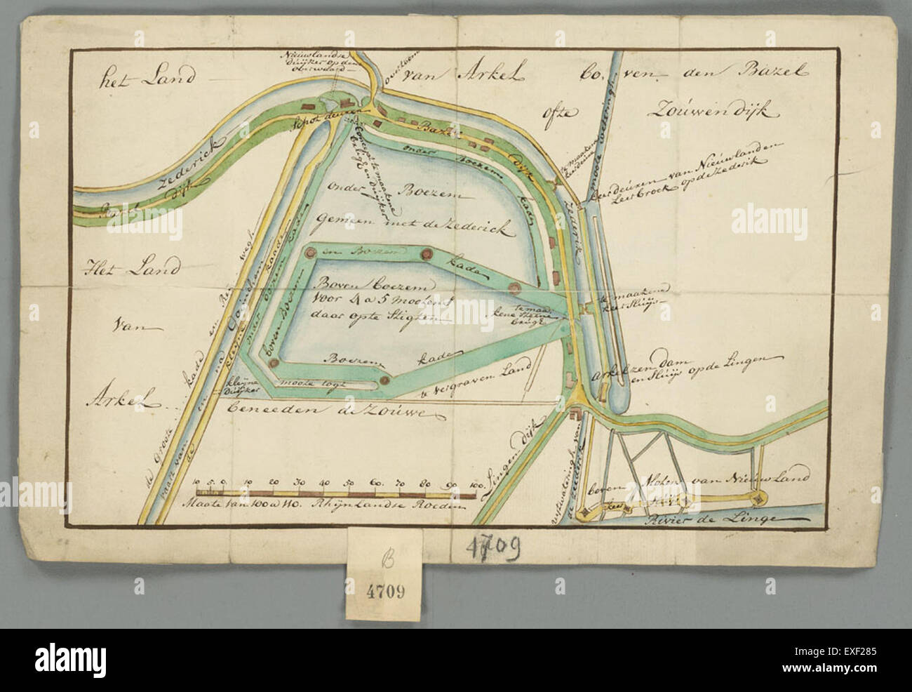 This historical map or drawing titled *Het land van Arkel beneeden den ...