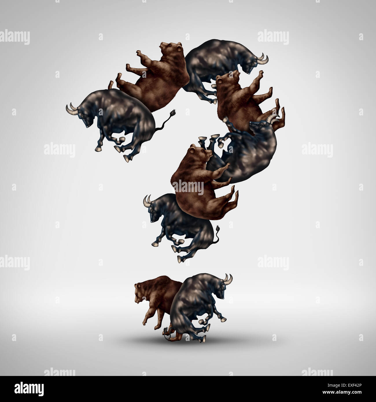 Bulls and bears questions with a stock market bull and bear shaped as a ...