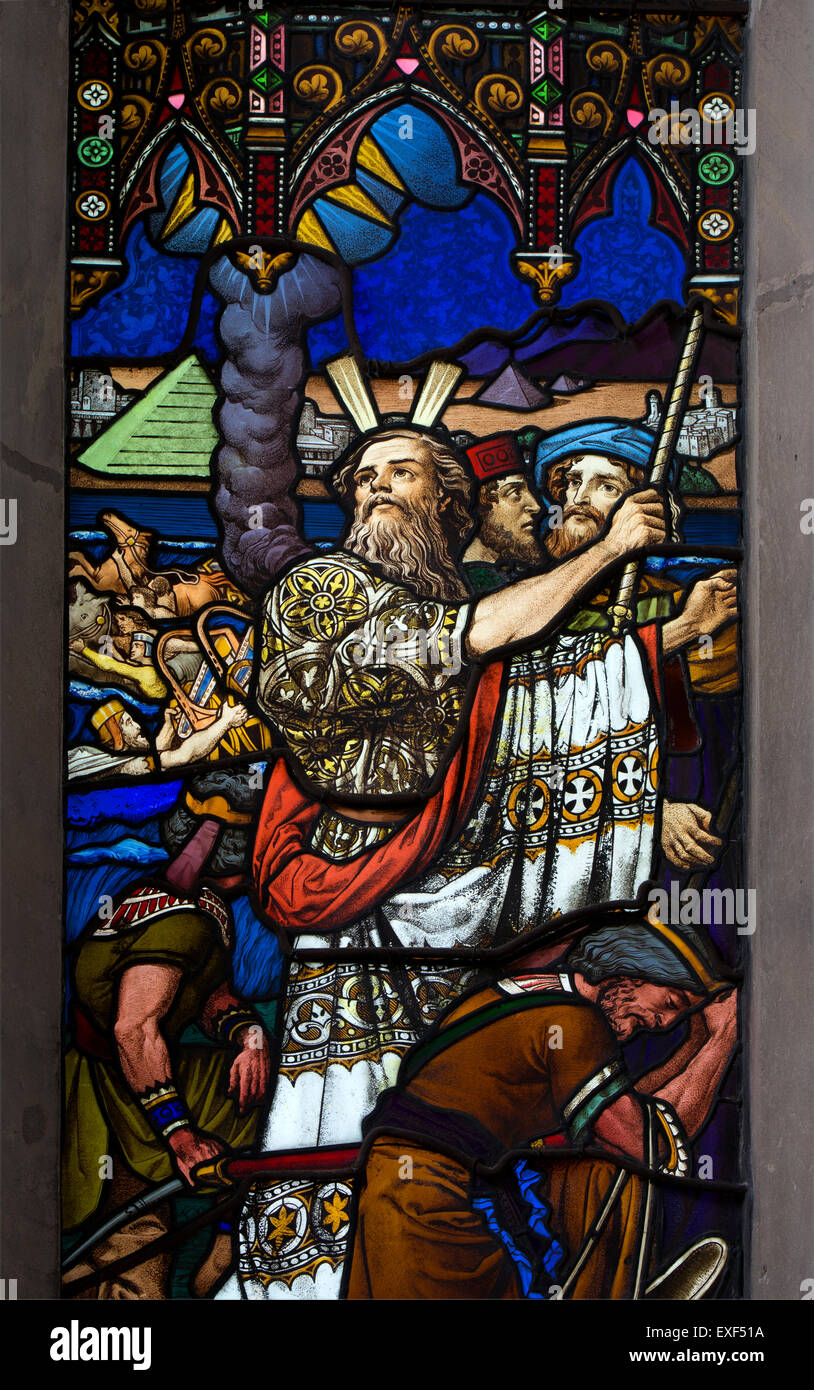 Moses crossing the Red Sea stained glass, St. Mary`s Church, Aylesbury ...