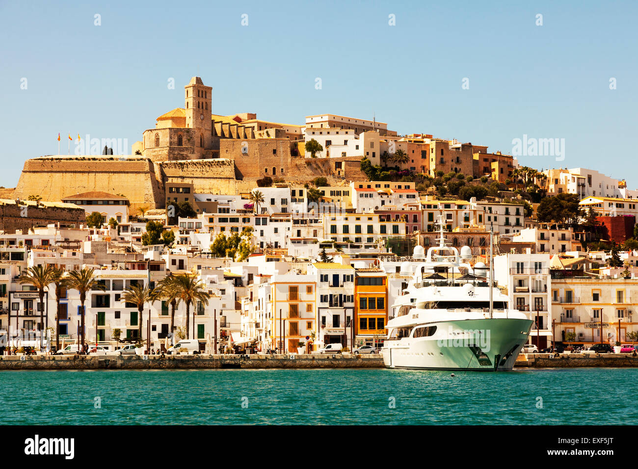 Ibiza Old Town from harbour yacht in port harbor Spain Spanish island ...