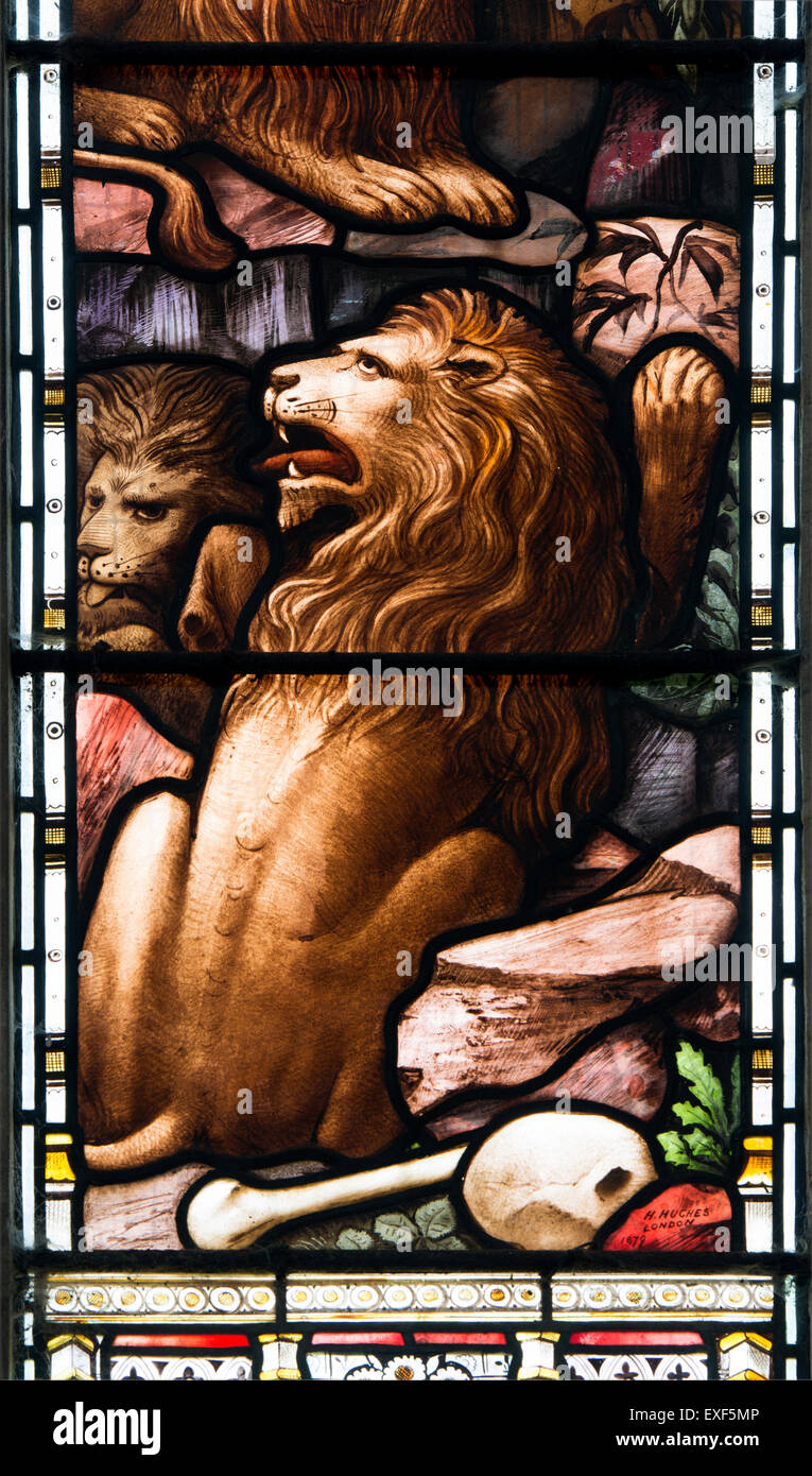 Daniel in the lions den stained glass detail, St. Mary`s Church ...