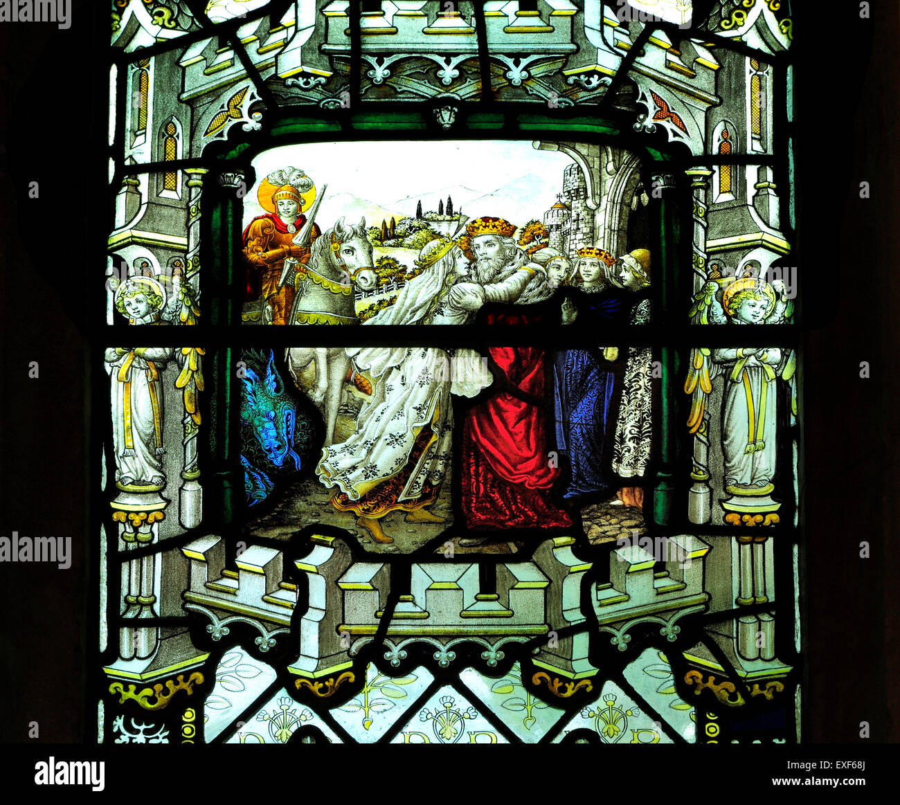 St. George delivers Princess Sabra to her father, 19th century stained ...