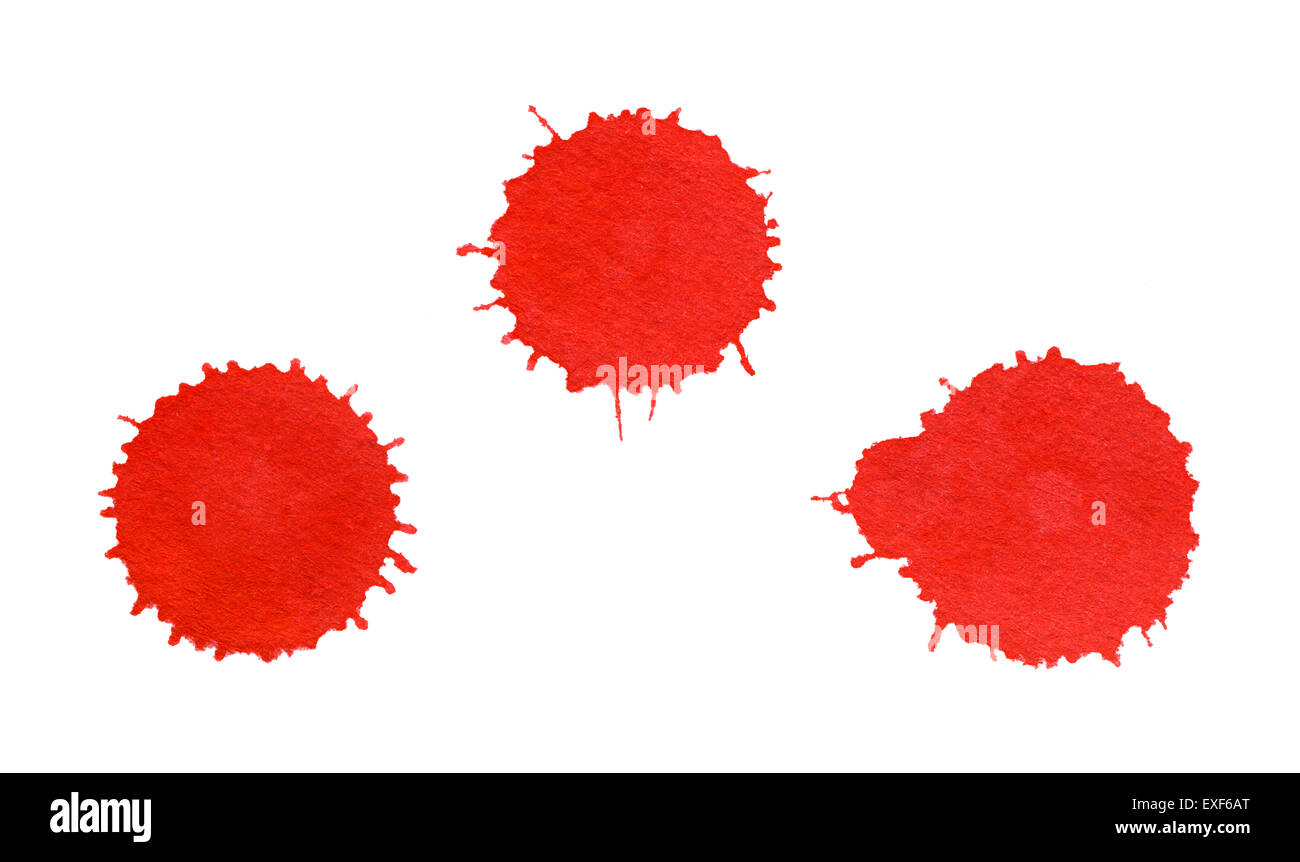 3 red paint splatters in white back Stock Photo - Alamy