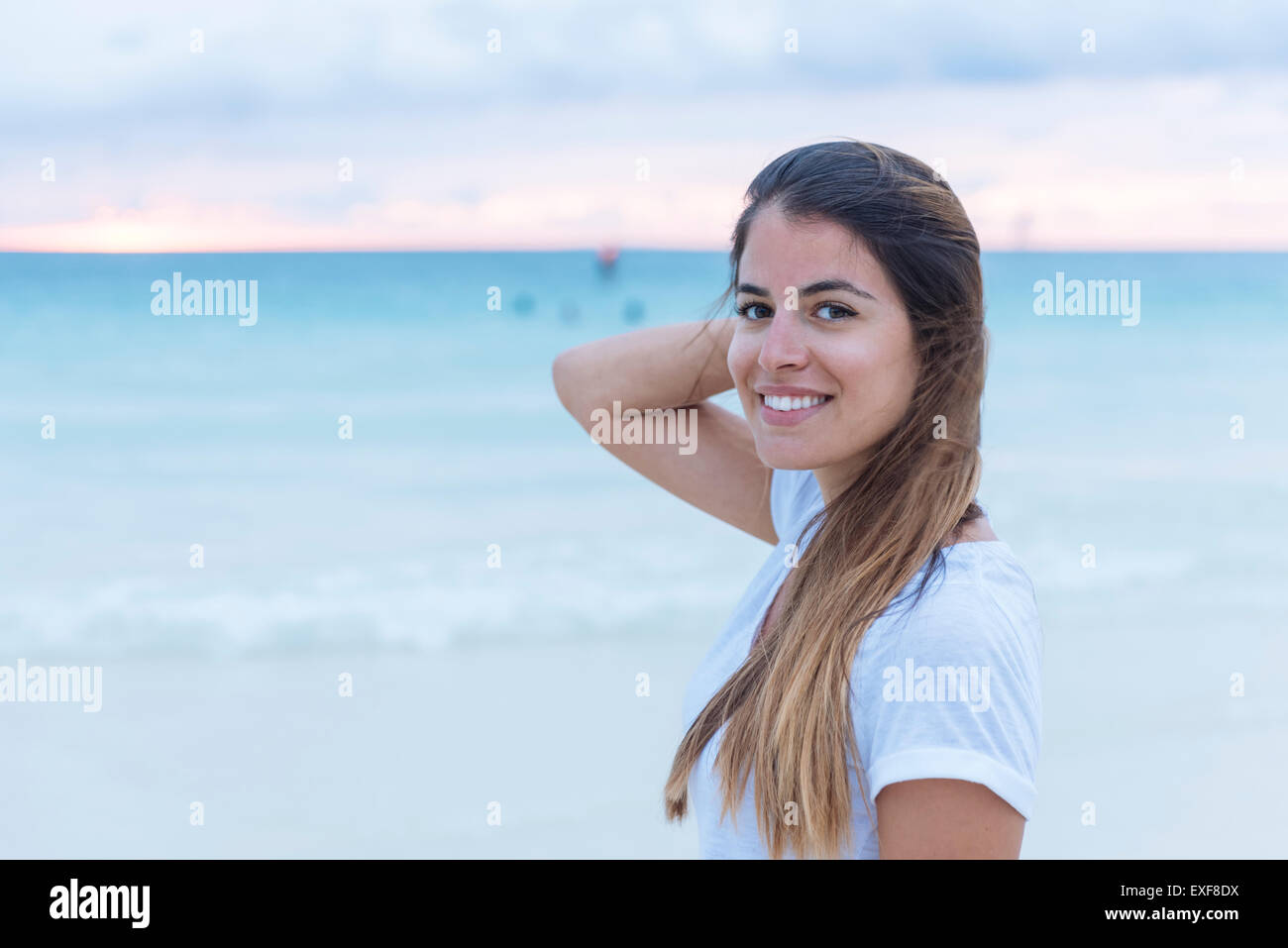 Portrait of young woman at white beach, Boracay Island, Visayas ...