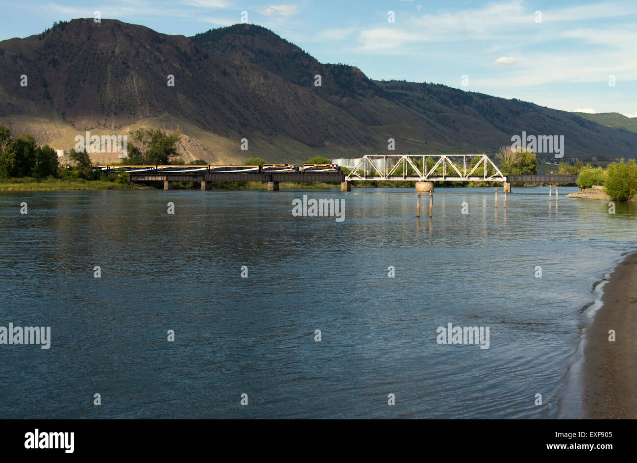 Rocky Mountaineer Train crossing South Thompson River at Kamloops Stock ...