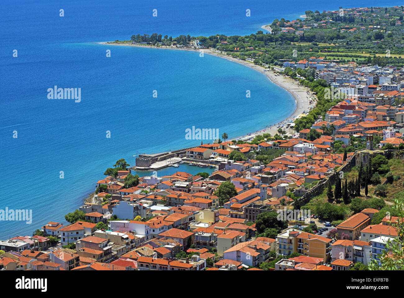 View to Nafpaktos old town and Psani beach staring the Corinthian gulf ...