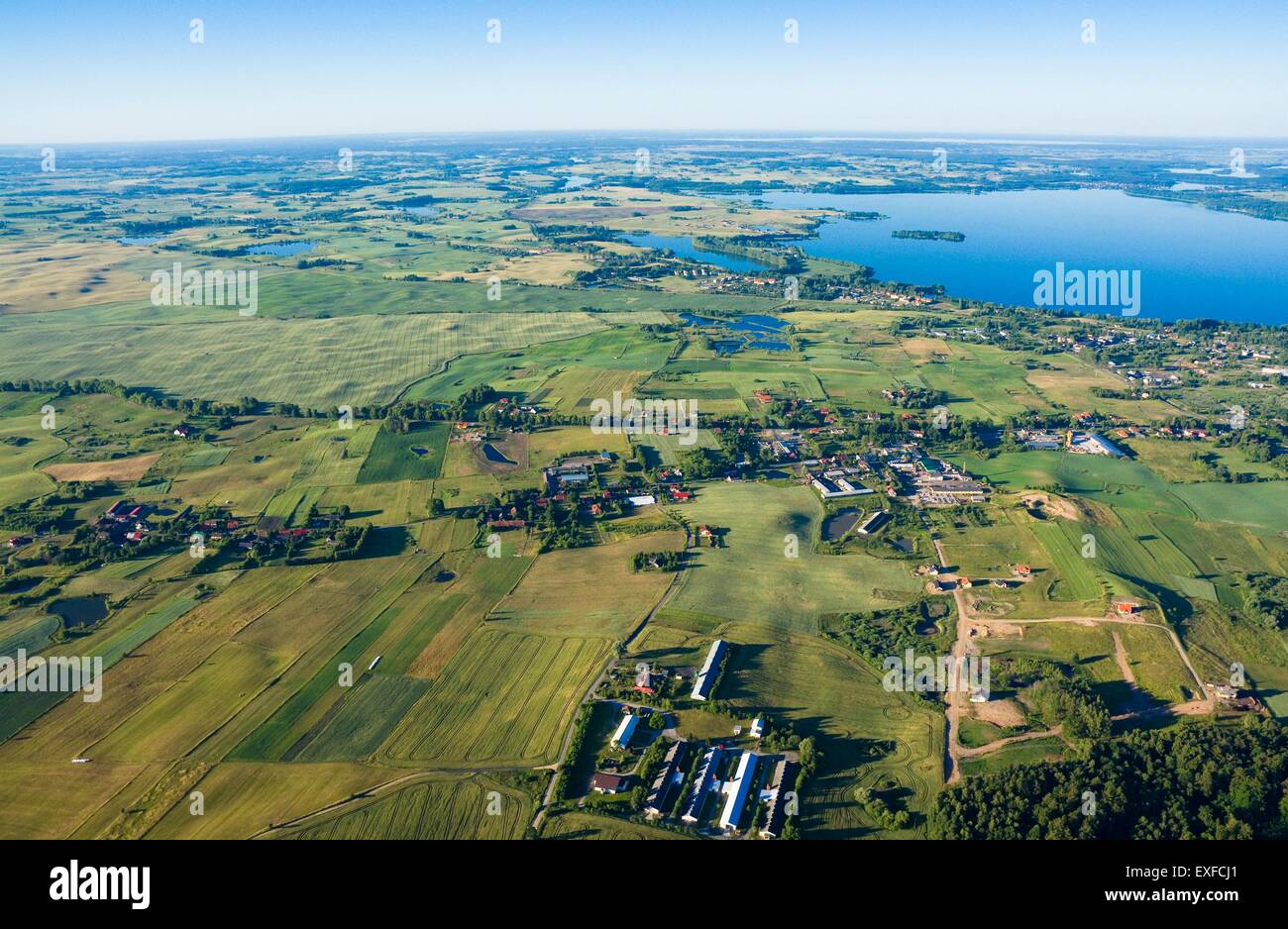 Aerial view of beautiful Masurian countryside, Poland - Niegocin Lake ...