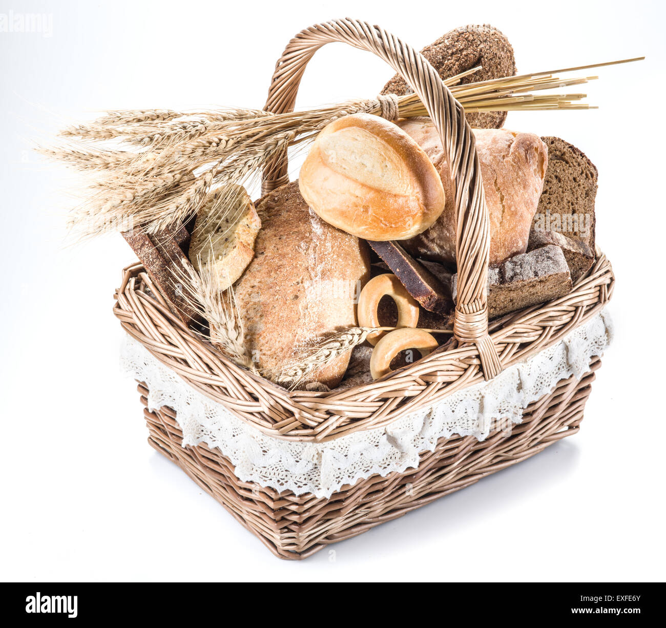 Different types of bread in the basket on a white background Stock ...