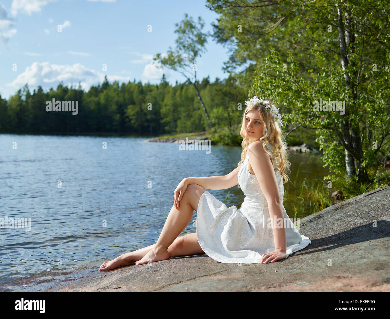 Attractive Young Woman Wearing White Summer Dress Sunny Summer Day