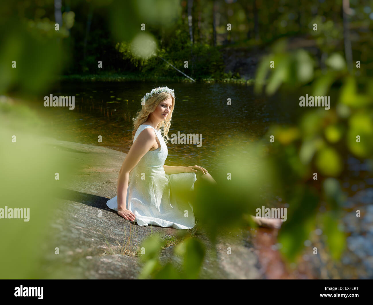 Attractive Young Woman Wearing White Summer Dress Sunny Summer Day