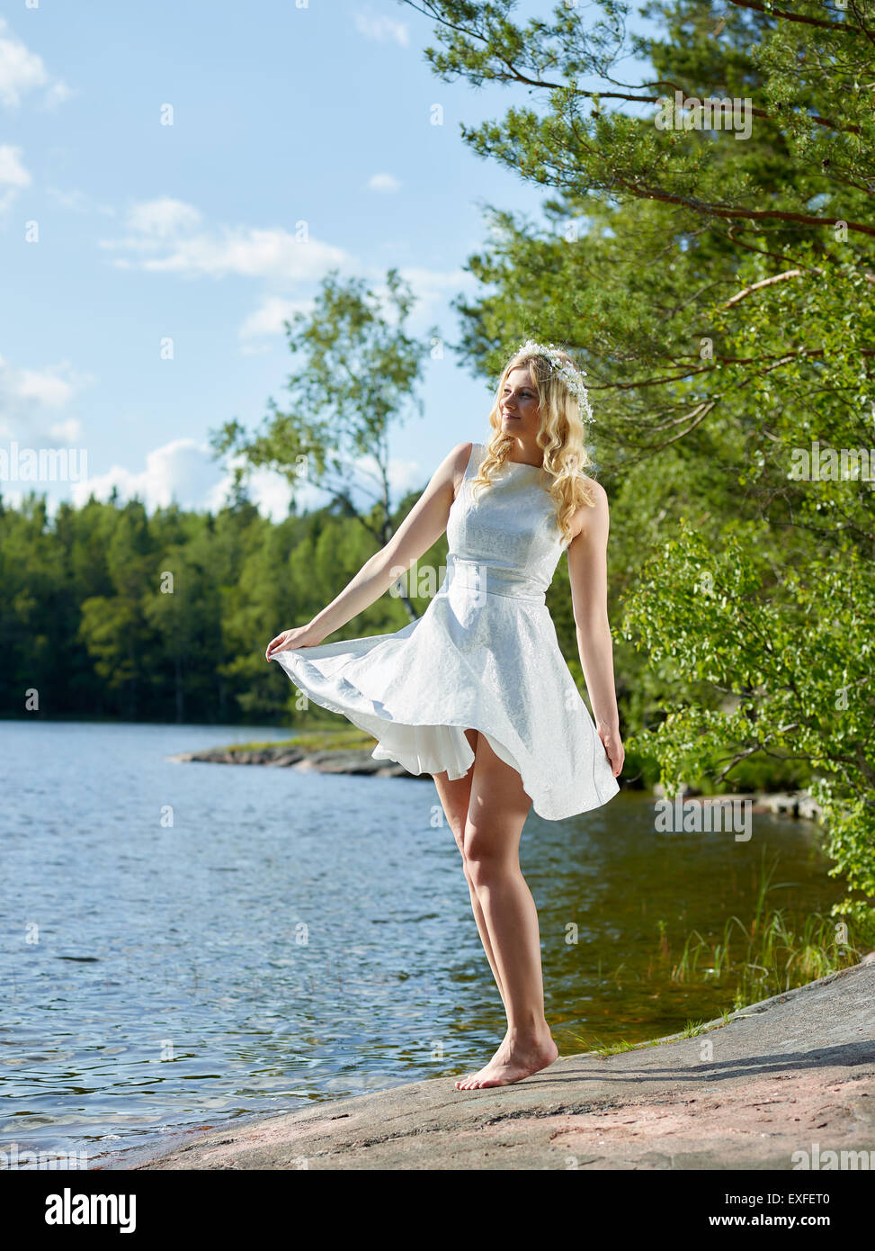 Attractive Young Woman Wearing White Summer Dress Sunny Summer Day