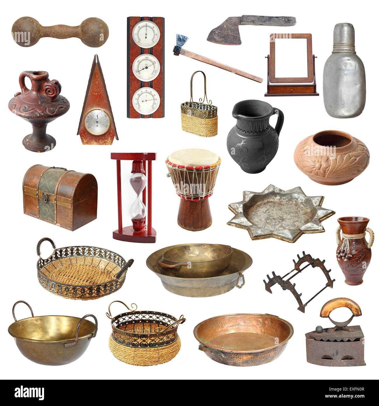 collection of old weathered objects isolated over white background ...