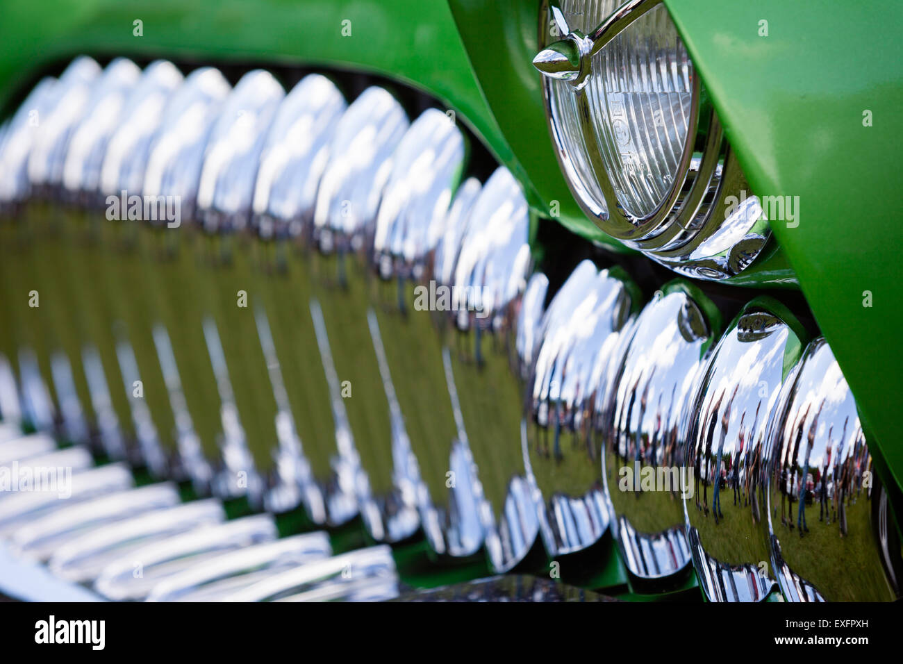 Classic American car fender grille front of vehicle close up Stock ...