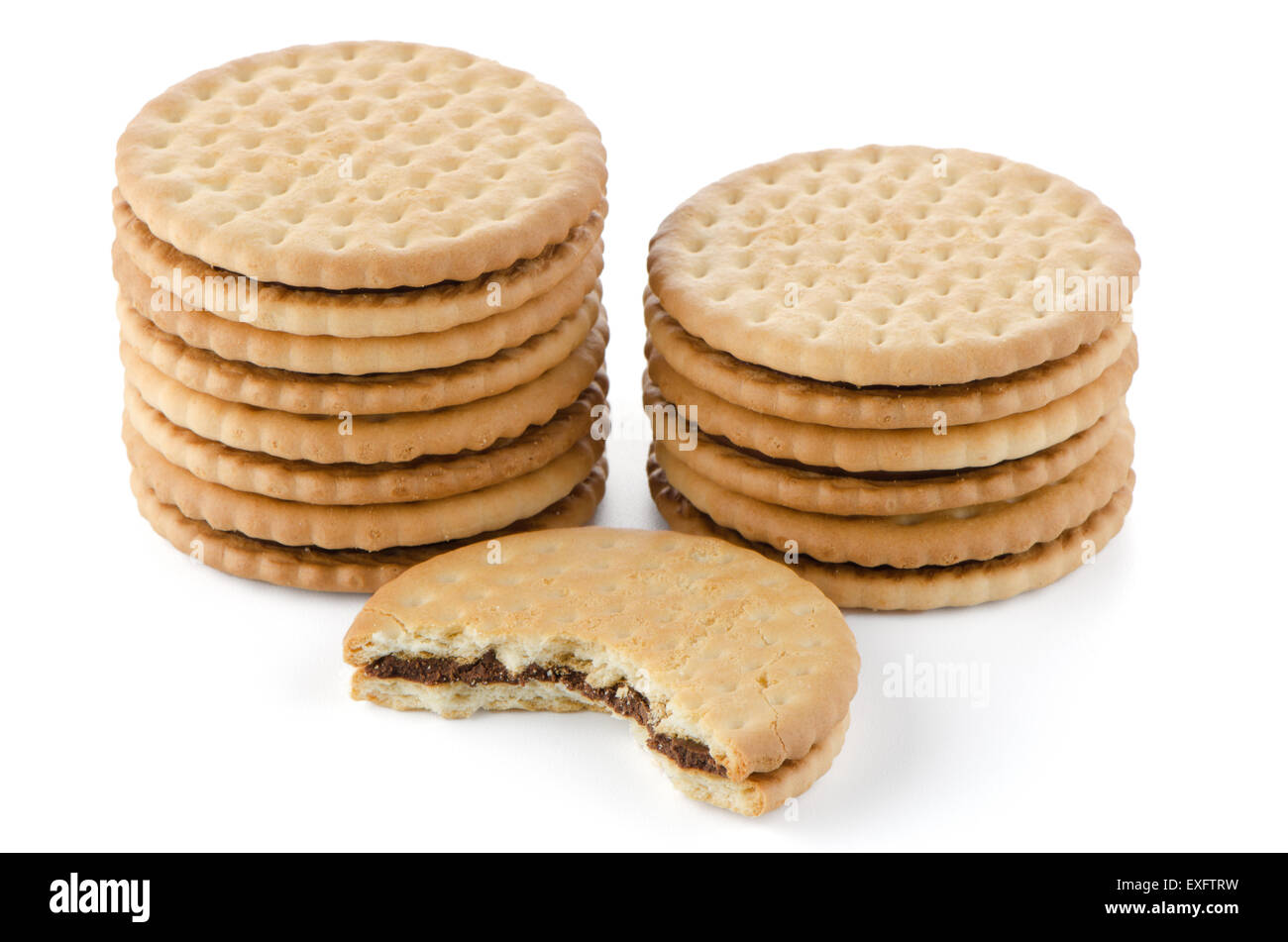 Sandwich biscuits with chocolate filling on a white background Stock ...
