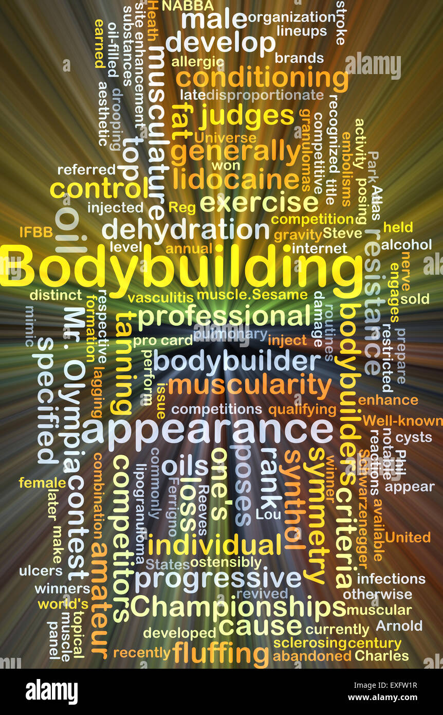 Background concept wordcloud illustration of bodybuilding glowing light ...