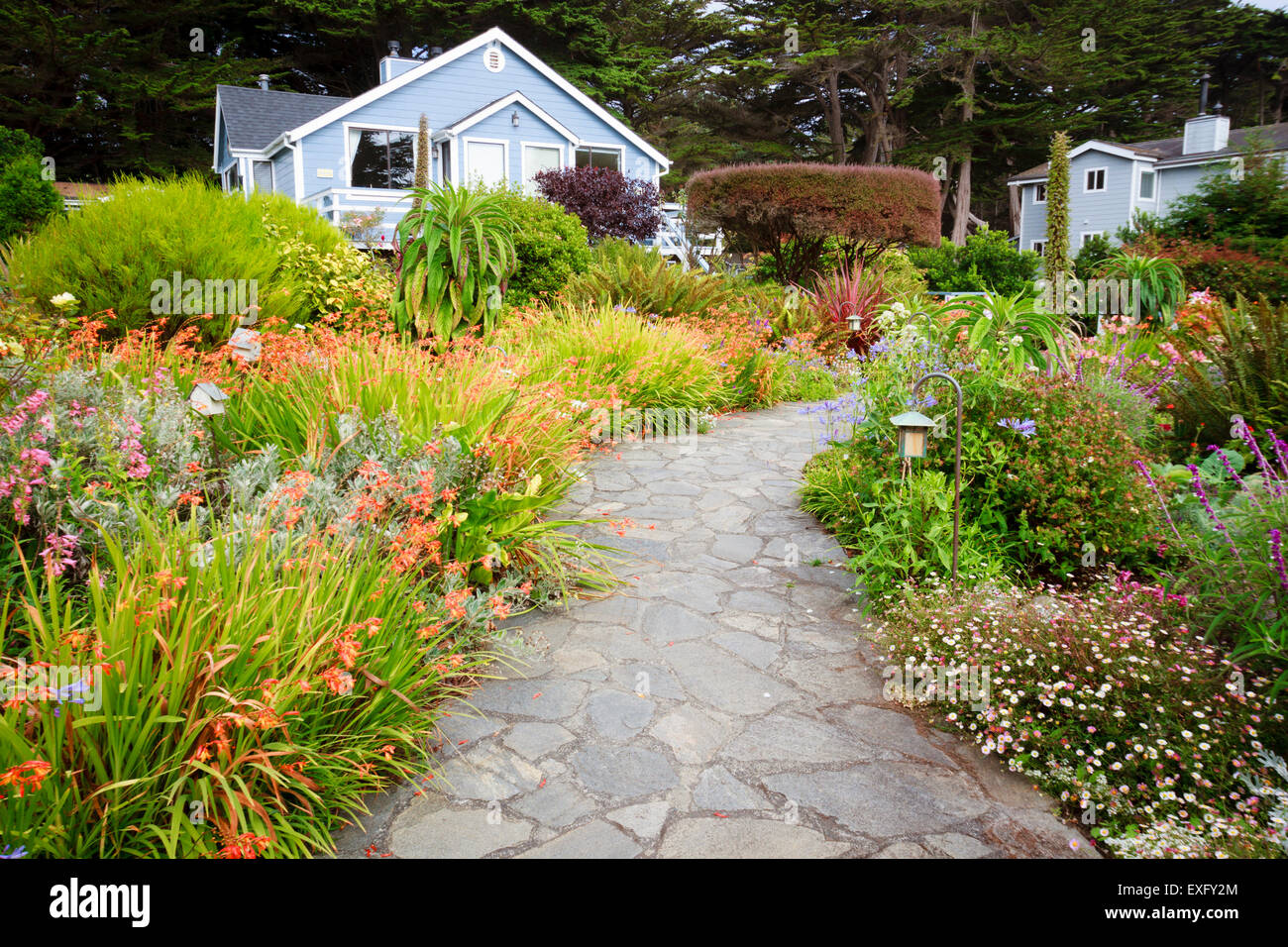 Stone path through beautifully landscaped garden leading to rooms at a ...