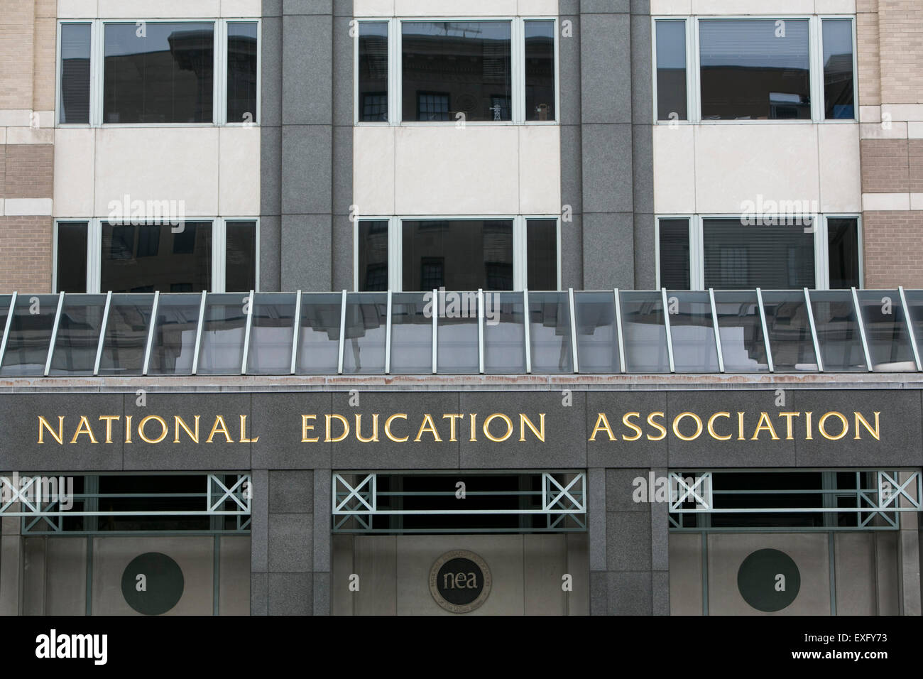 A logo sign outside of the headquarters of the National Education ...