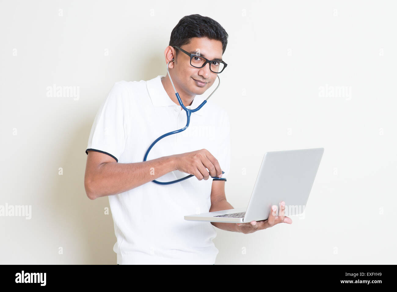 Antivirus concept. Indian computer engineer diagnose virus infected pc ...