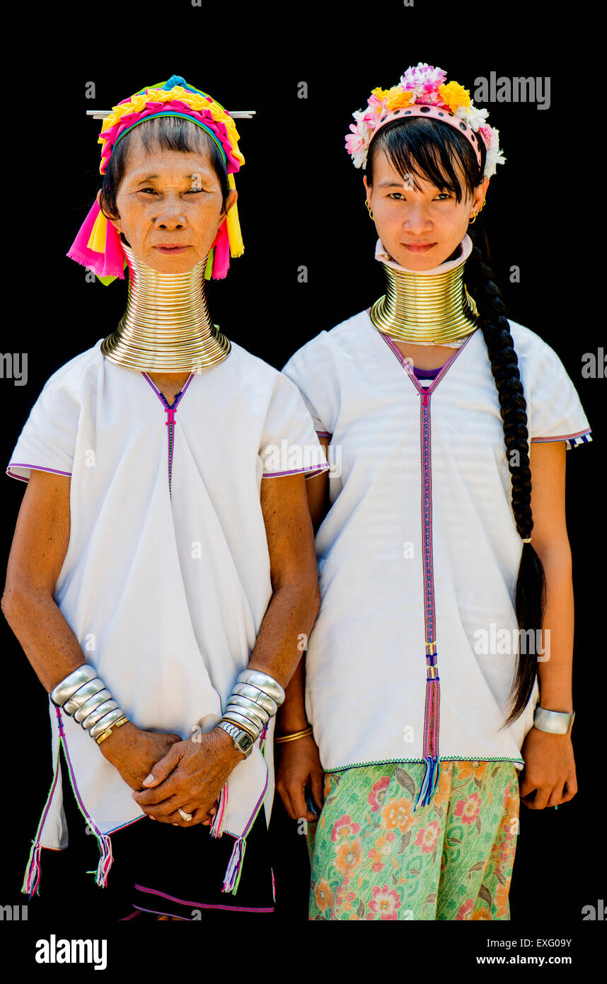 Two Kayan hill tribe women in Chiang Mai, Thailand, Asia Stock Photo ...