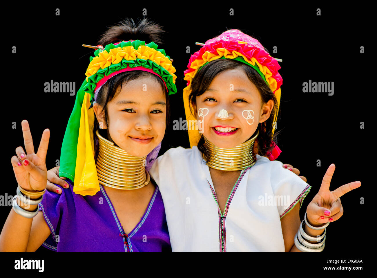 Two young Kayan hill tribe friends in Chiang Mai, Thailand, Asia Stock ...