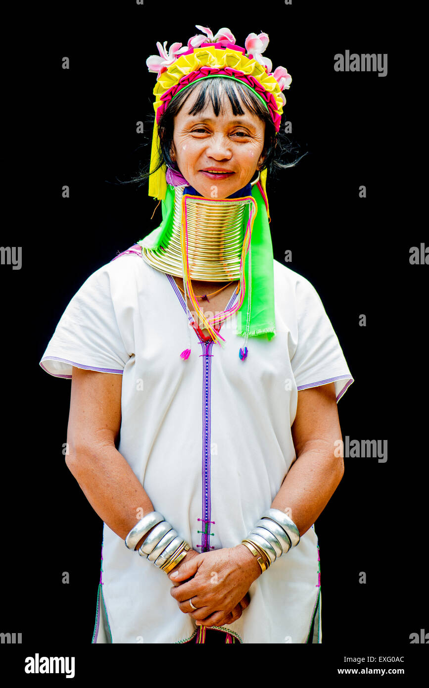 Senior Kayan hill tribe woman portrait against a black background in ...