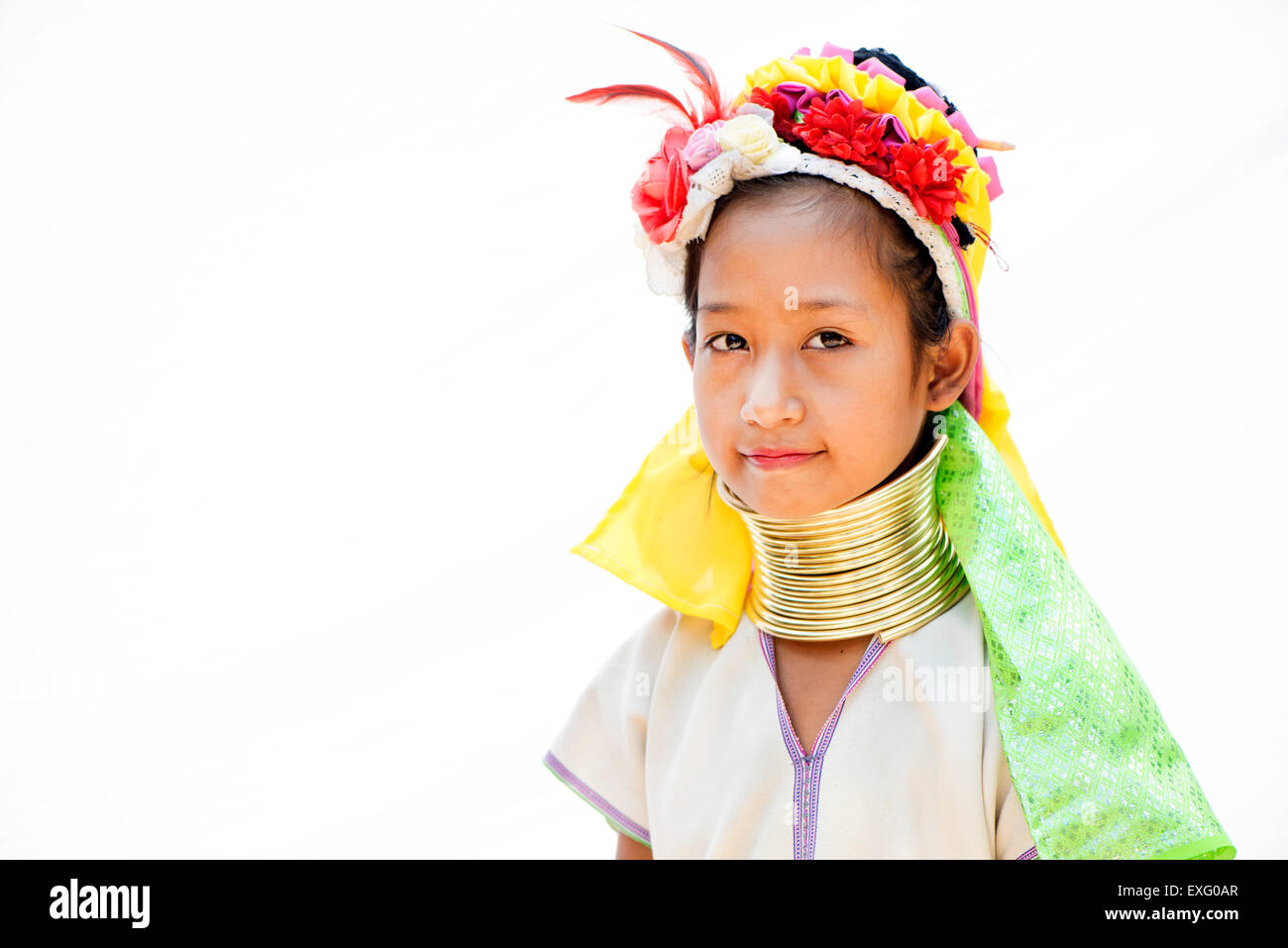Kayan hill tribe girl on a white background in Chiang Mai, Thailand ...