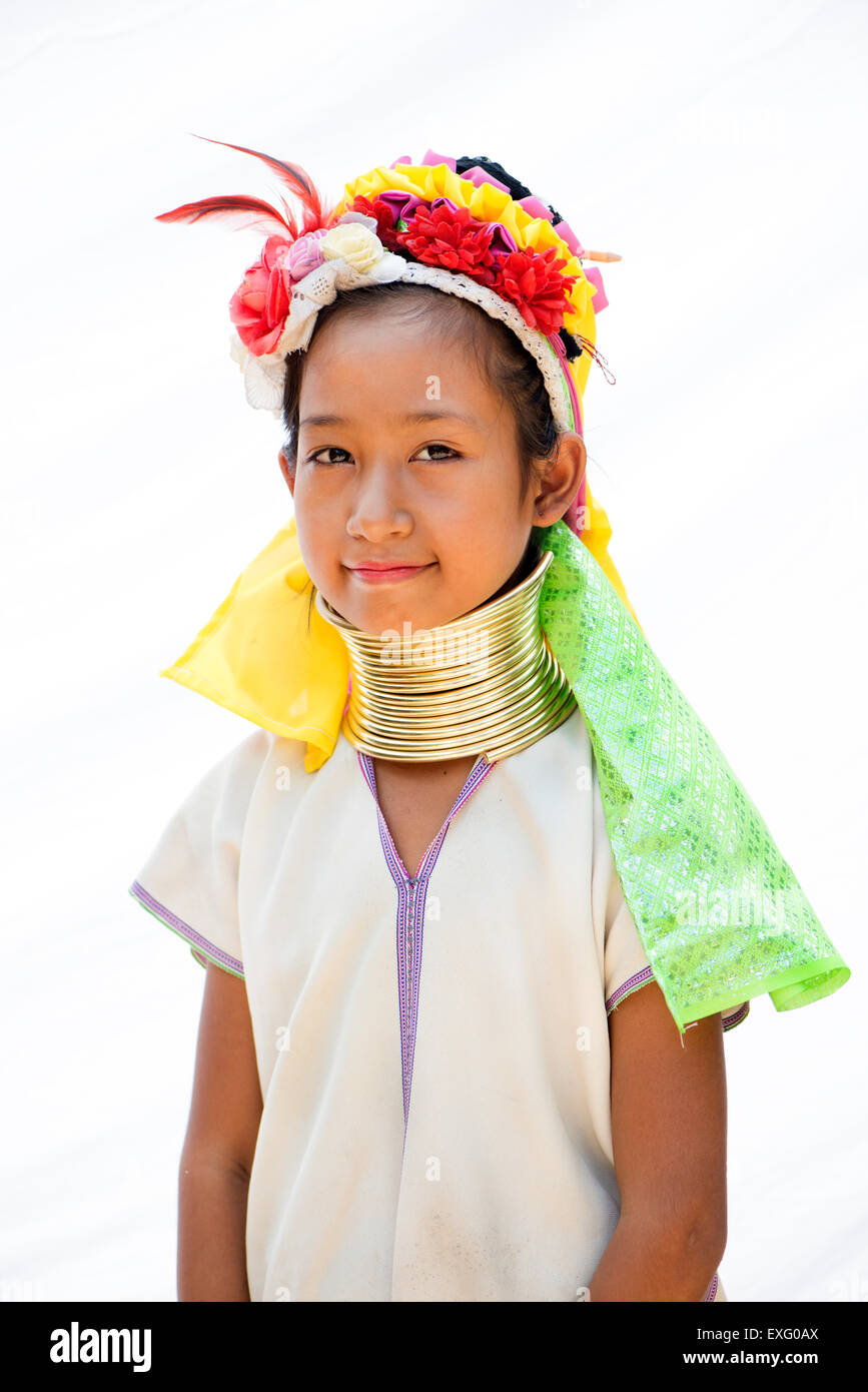 Kayan hill tribe girl on a white background in Chiang Mai, Thailand ...