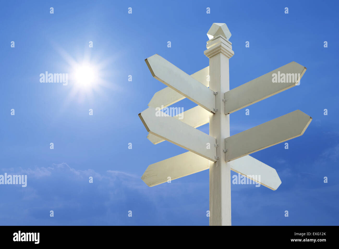 direction sign with blank spaces for text on beautiful sunlight ...