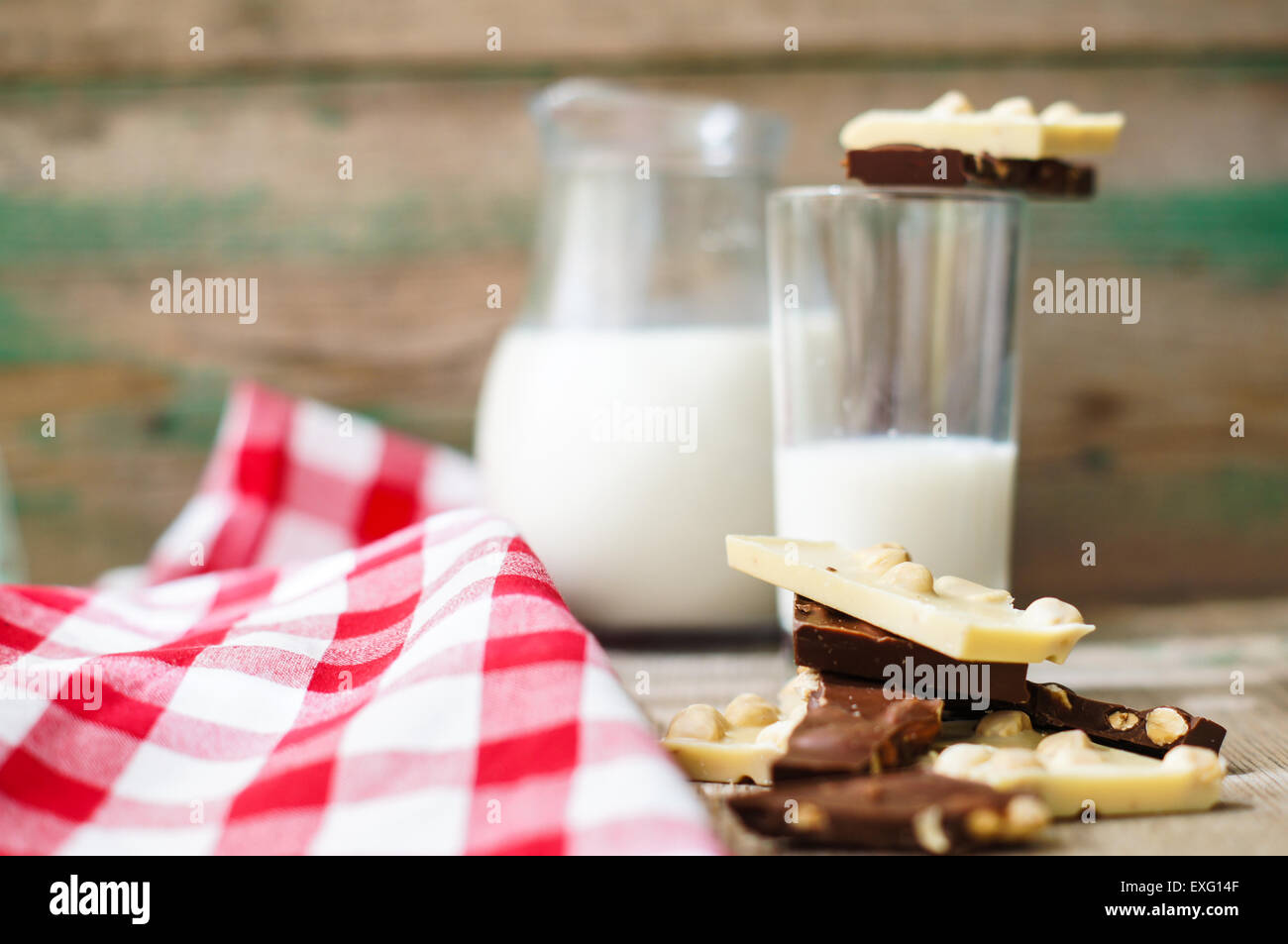 Glass of milk and bars of two types of chocolate Stock Photo - Alamy