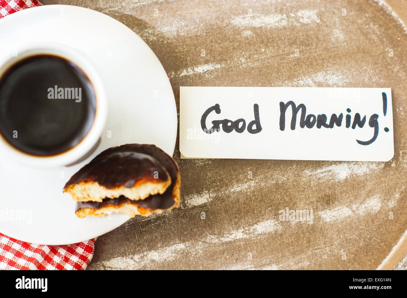 Cup of black coffee and Good morning note Stock Photo - Alamy