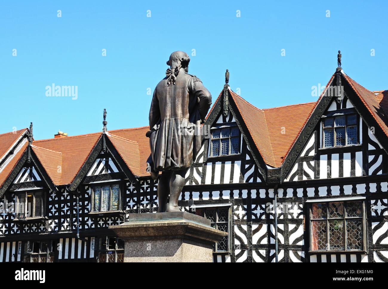 Clive of India statue (Robert Clive) in the Square with timber framed ...